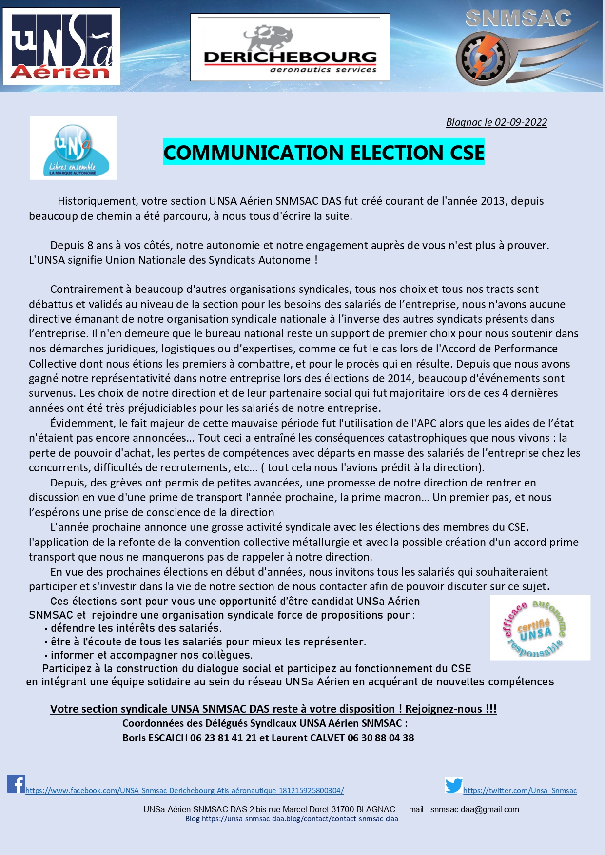 COMMUNICATION ELECTIONS – UNSA SNMSAC DERICHEBOURG ATIS AERONAUTIQUE
