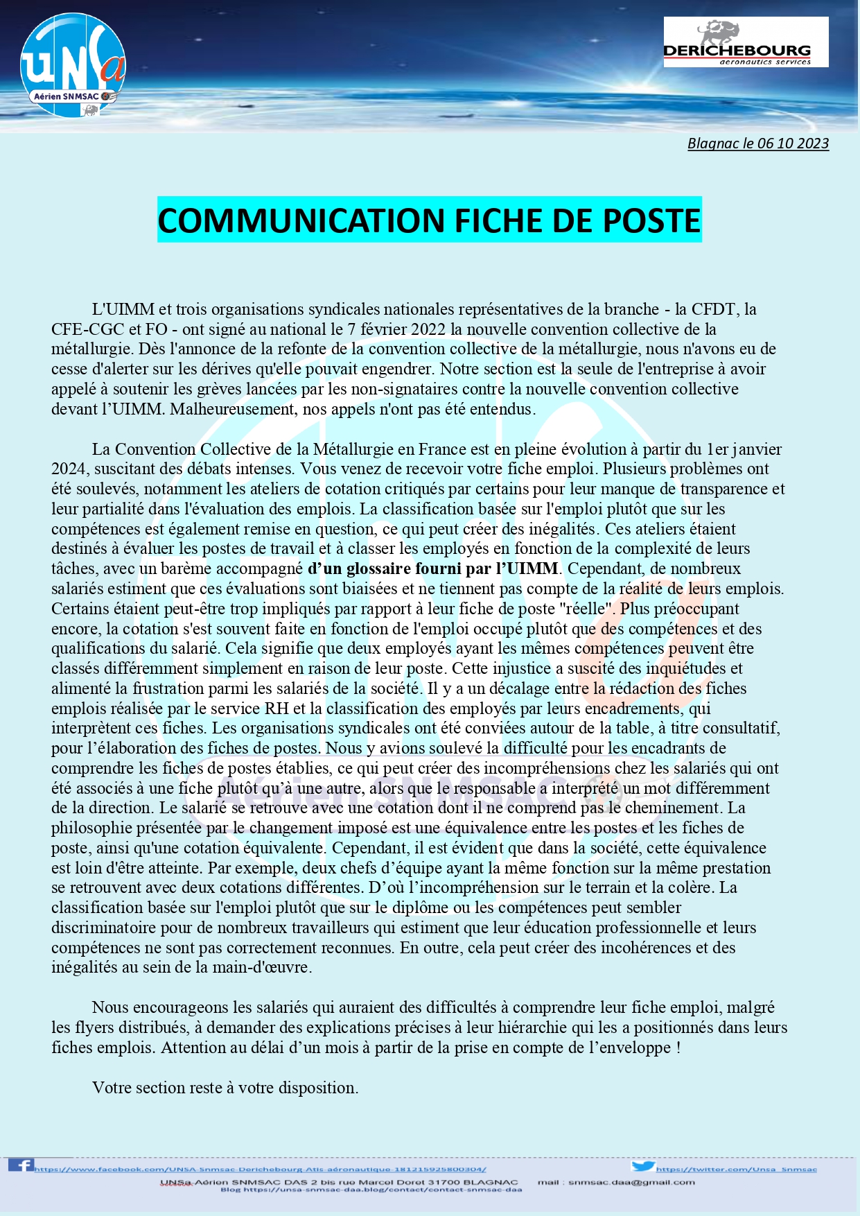 COMMUNICATION FICHE DE POSTE – UNSA SNMSAC DERICHEBOURG ATIS AERONAUTIQUE