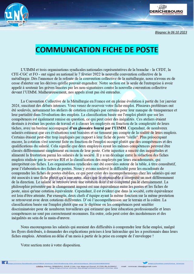 COMMUNICATION FICHE DE POSTE – UNSA SNMSAC DERICHEBOURG ATIS AERONAUTIQUE