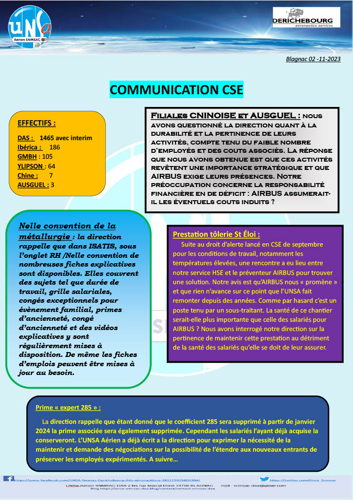 COMMUNICATION CSE – UNSA SNMSAC DERICHEBOURG ATIS AERONAUTIQUE